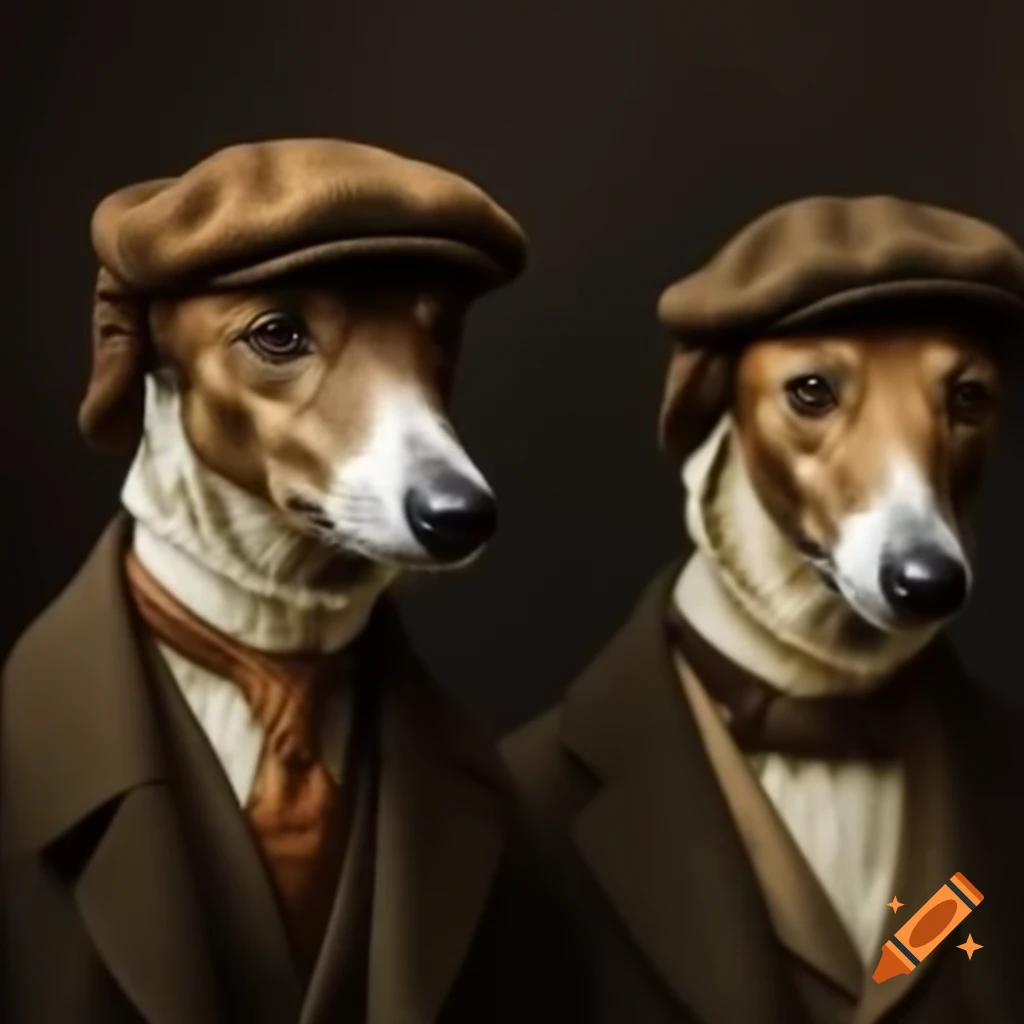 Victorian era photograph of two distinguished gentlemen with tan whippet heads on Craiyon