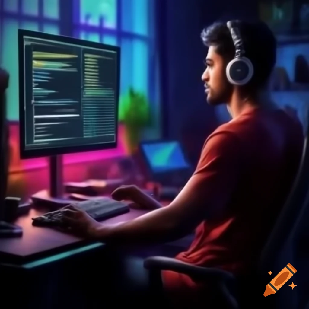 Indian software engineer coding at home, back view, with gaming keyboard and oversized t-shirt ...