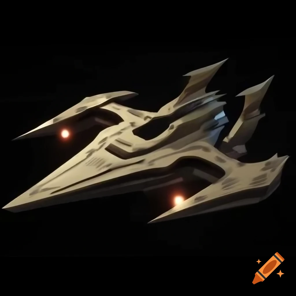 Voxel-style sci-fi spaceship with asymmetrical design and brass-metal ...