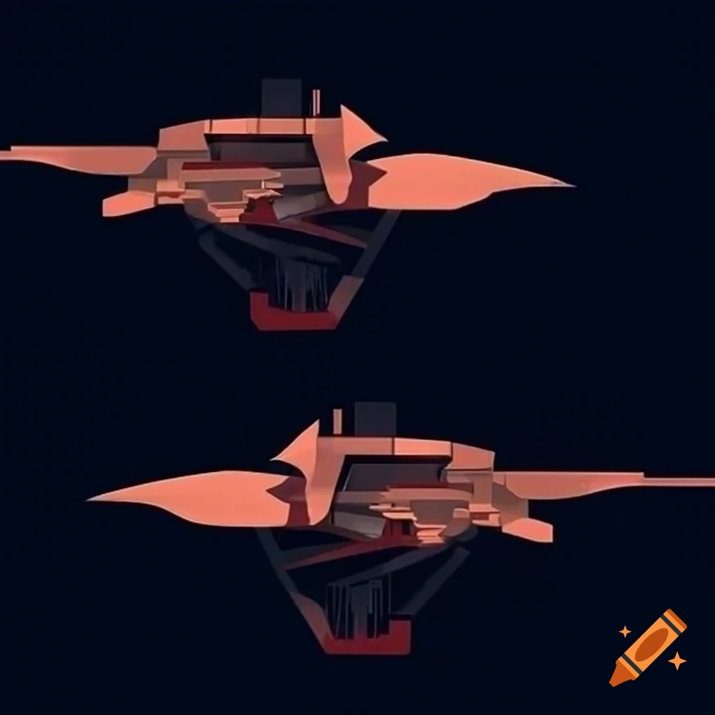Voxel-style sci-fi spaceship with asymmetrical design and brass-metal ...