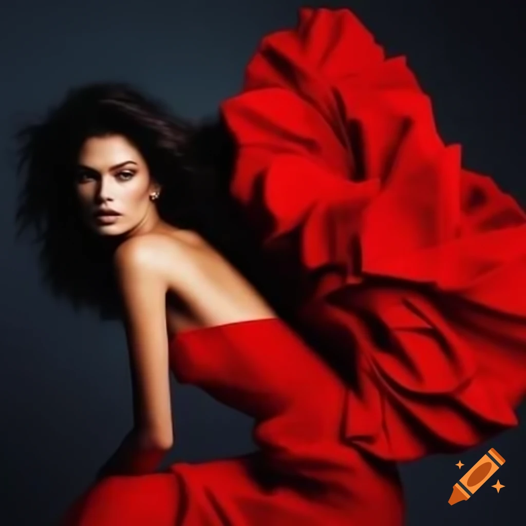 Supermodel in elegant red evening dress with high contrast lighting on ...