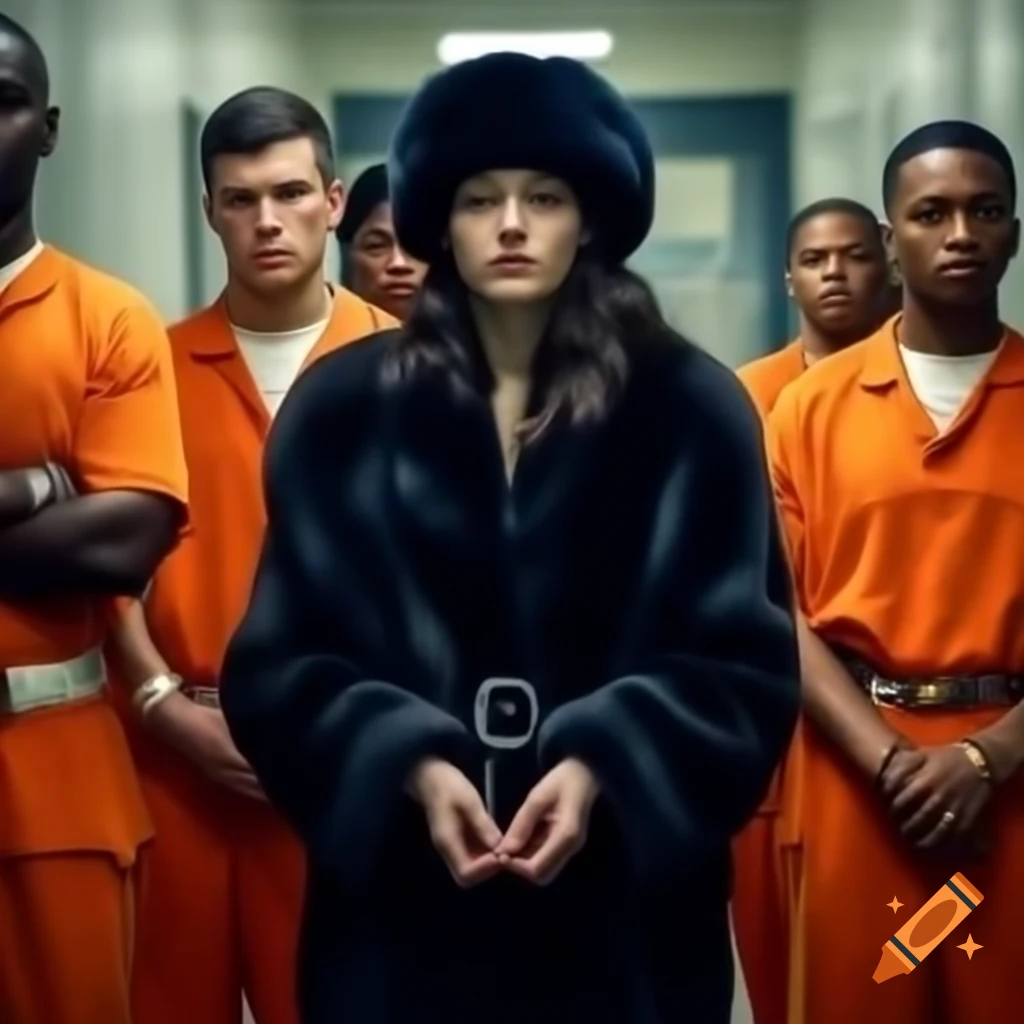 Young woman in black fur coat and hat wearing orange prison uniform ...