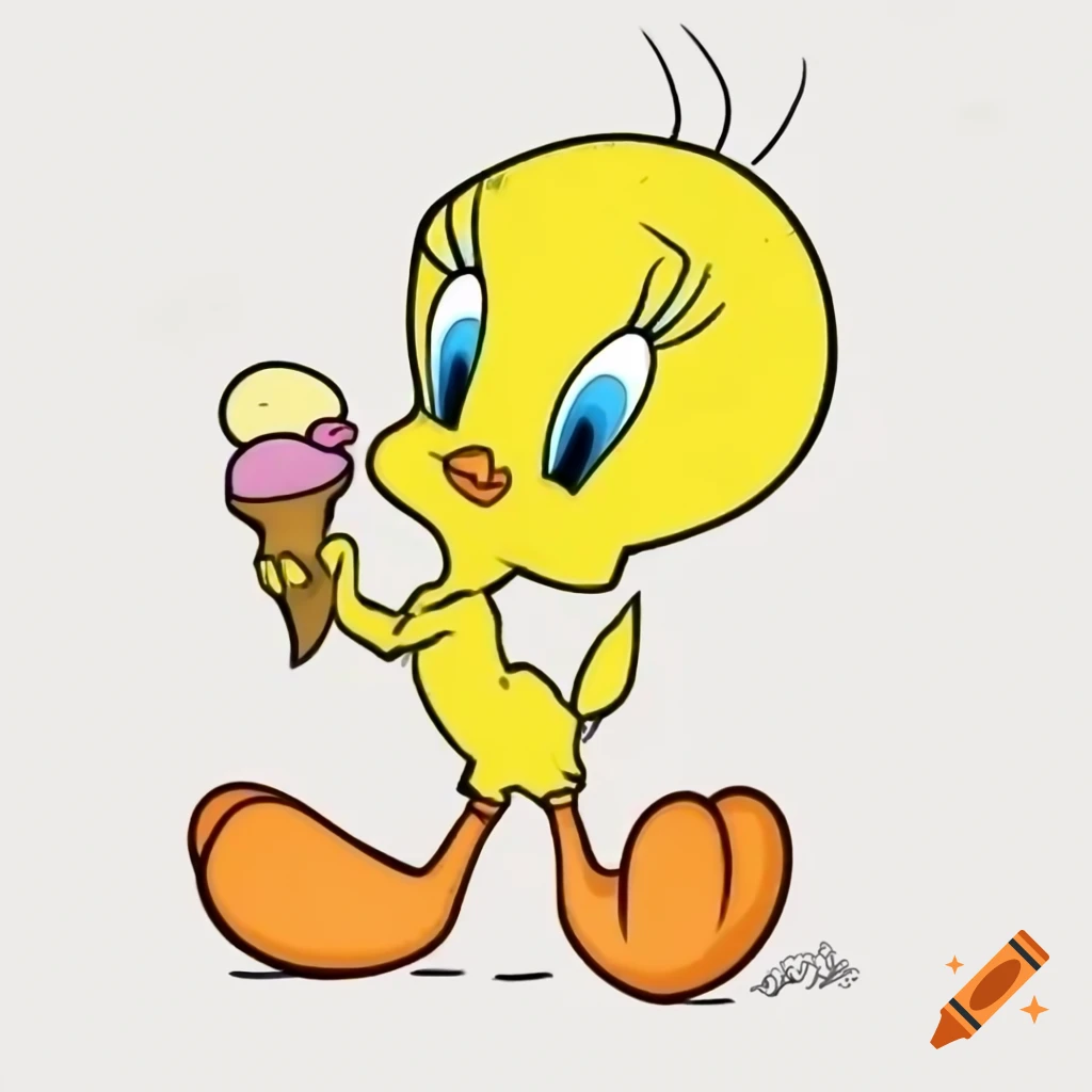 Smiling Tweety holding three-balled ice cream on Craiyon