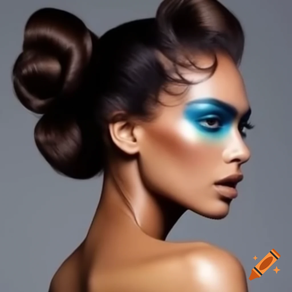 Supermodel with elaborate hair updo looking to the side, vibrant colors ...