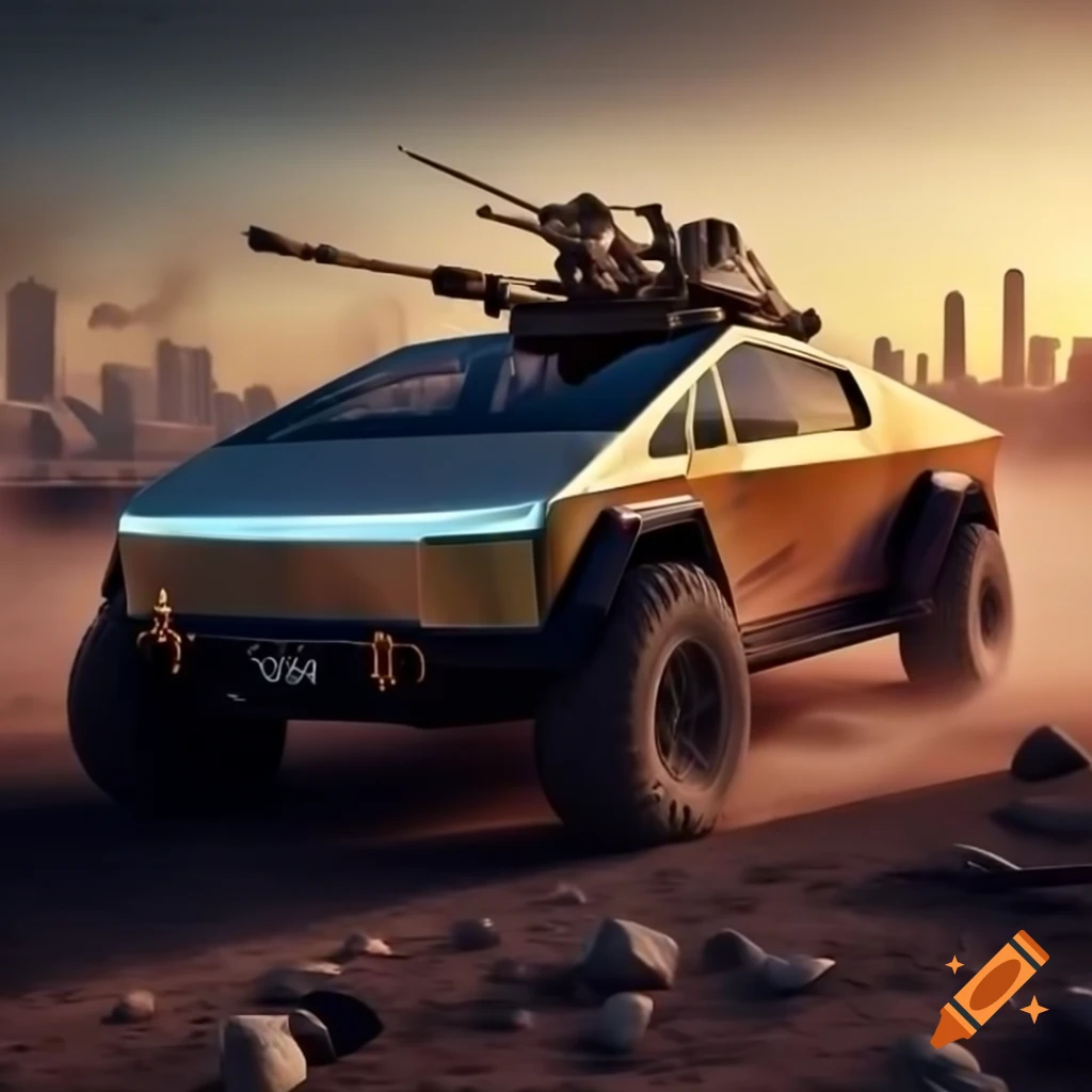Futuristic fusion of Tesla Cybertruck and modern army tank on Craiyon