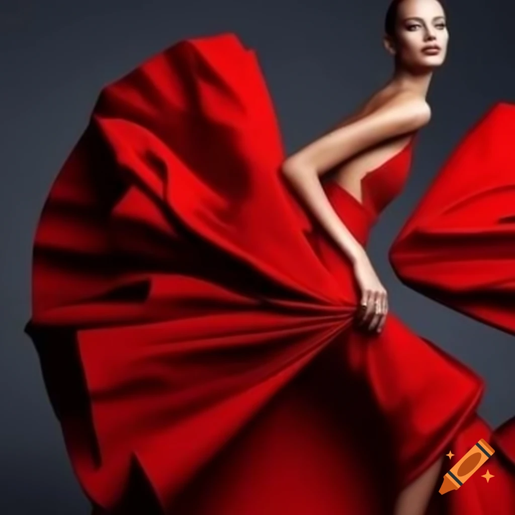 Supermodel in elegant red evening dress with high contrast lighting on ...