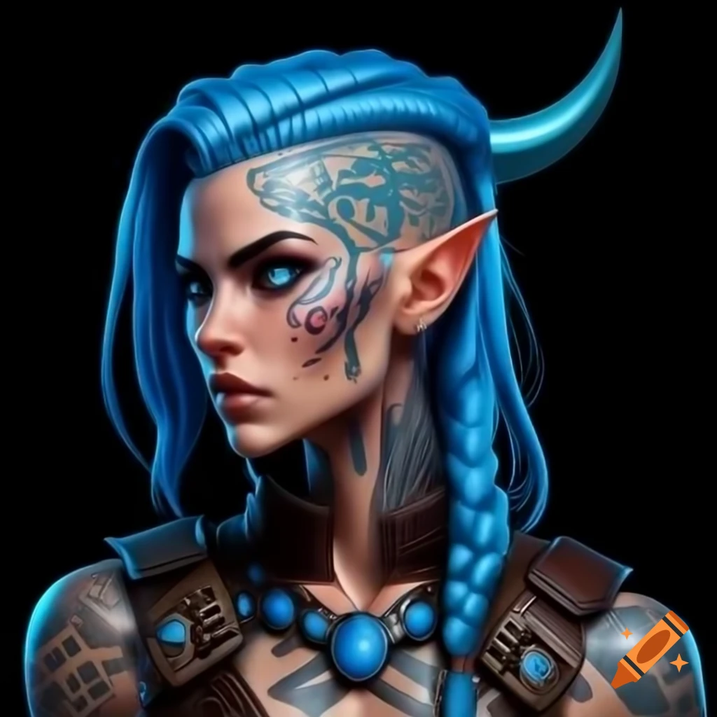 Cyberpunk female viking with tattoos and blue features in leather armor ...