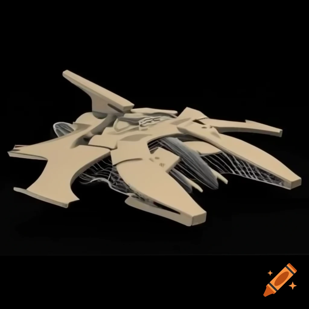 Voxel-style sci-fi spaceship with asymmetrical silhouette and tan-metal ...