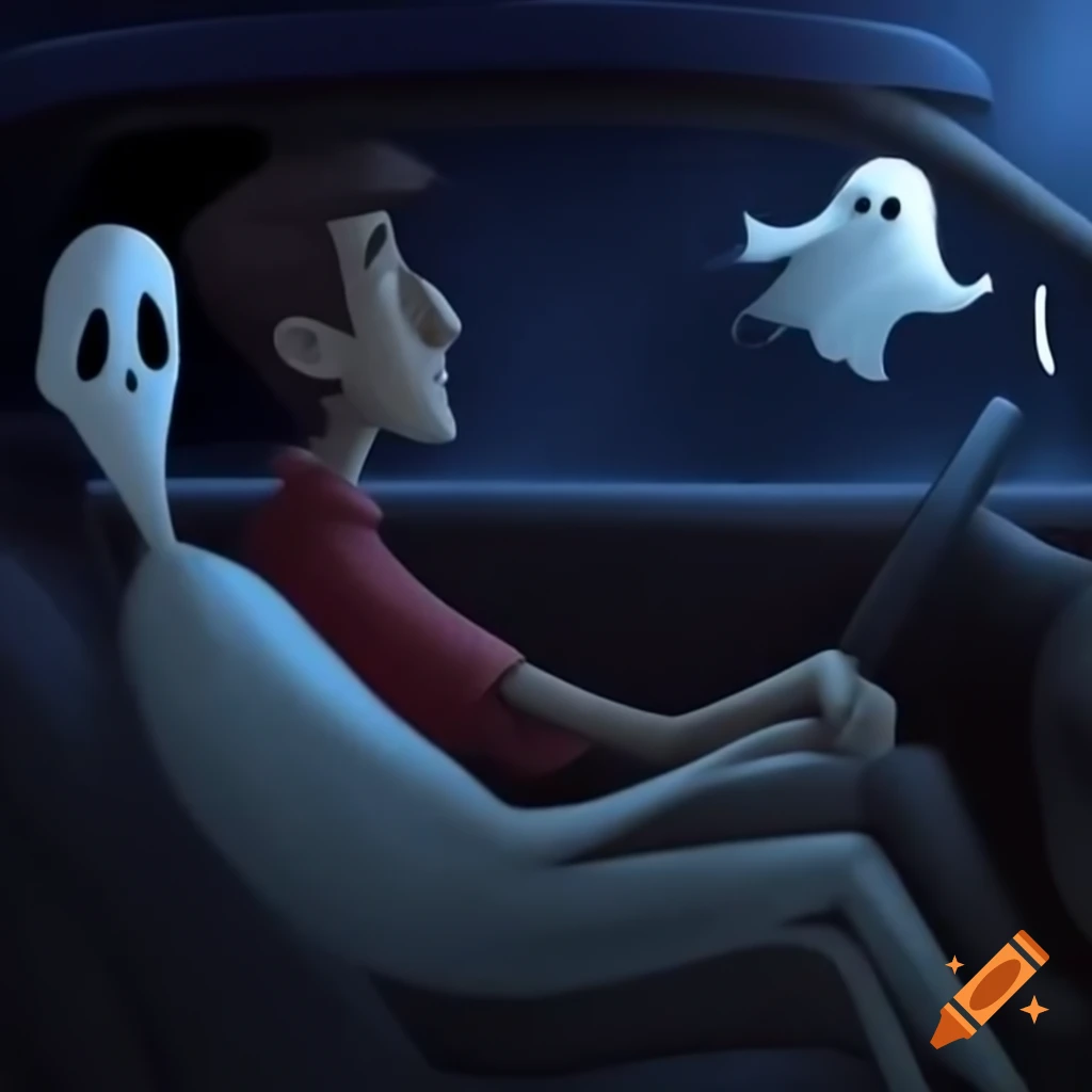 Scared man in car on haunted road with ghost in back seat on Craiyon