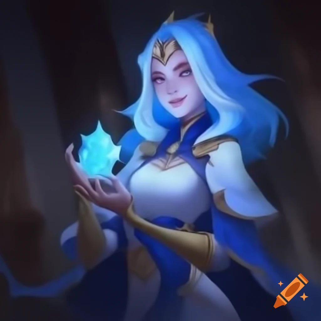 Powerful mage in white and light blue outfit controlling ice on Craiyon