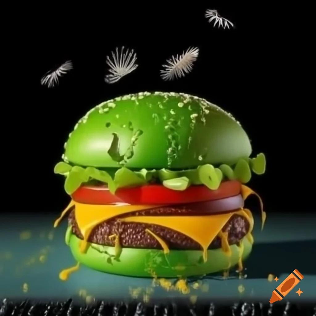 Realistic green burger with flies, depicting decay on Craiyon