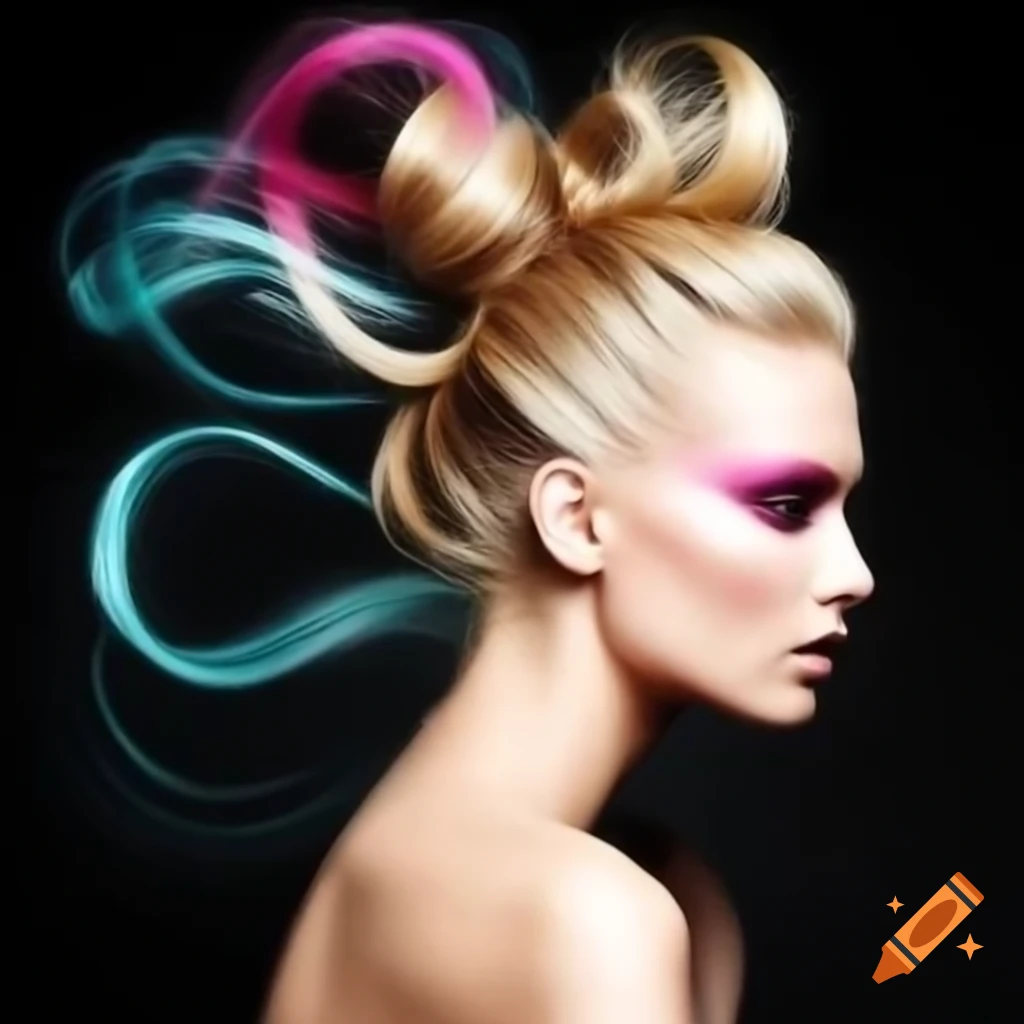 Blonde supermodel with elaborate hair updo and colorful magic ribbons ...
