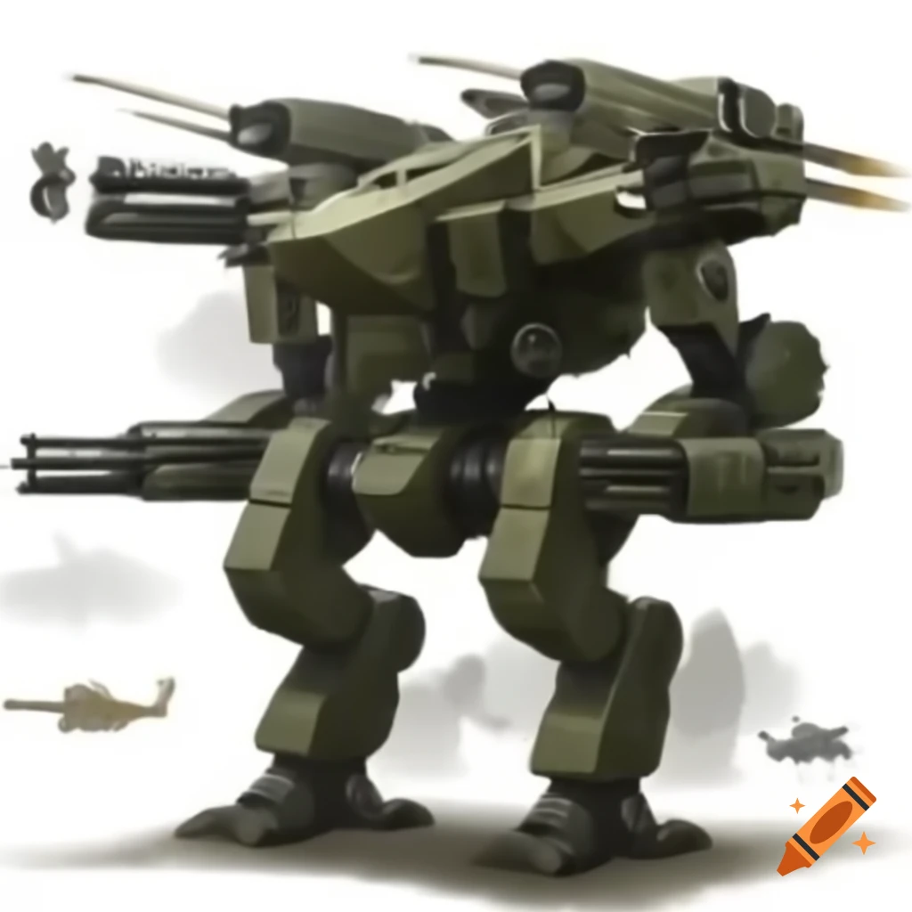 Heavily armored battle mech with angular lines and weapon pods on Craiyon