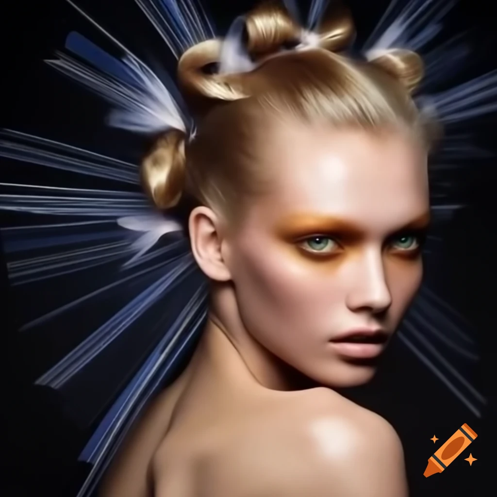 Blonde supermodel with magic hair updo and colorful ribbons and bows on ...