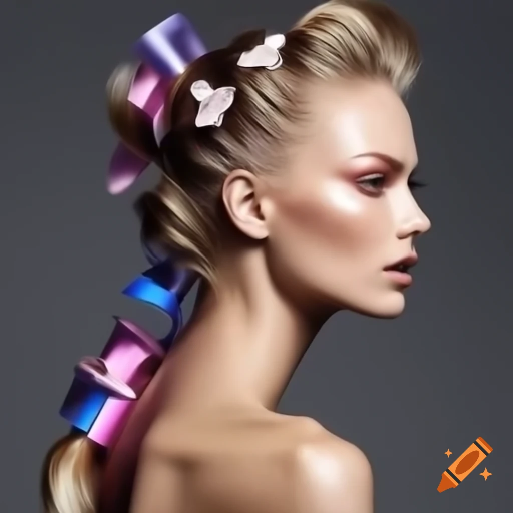Blonde supermodel with magical hair updo and colorful ribbons on Craiyon