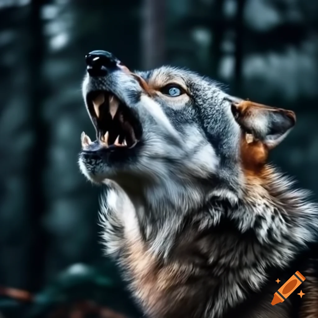 Close-up of a direwolf howling on a cliff under a full moon in black ...