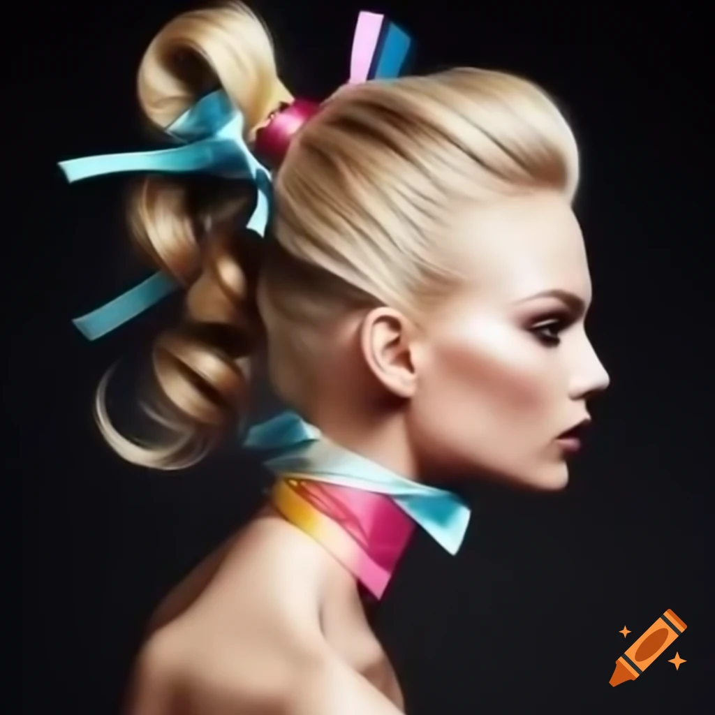 Blonde supermodel with magical hair updo and ribbons looking to the ...