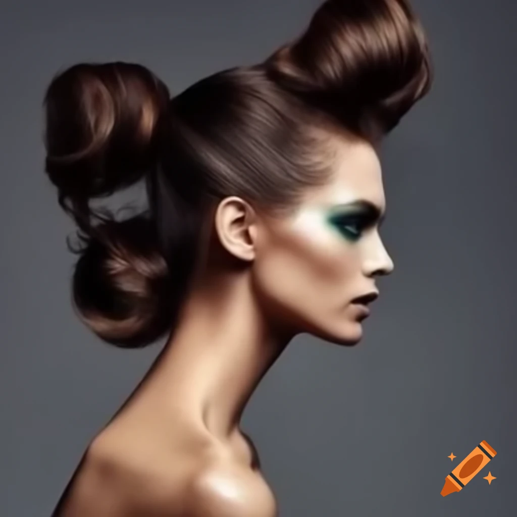 Supermodel with elaborate hair updo, profile view, colorful on Craiyon