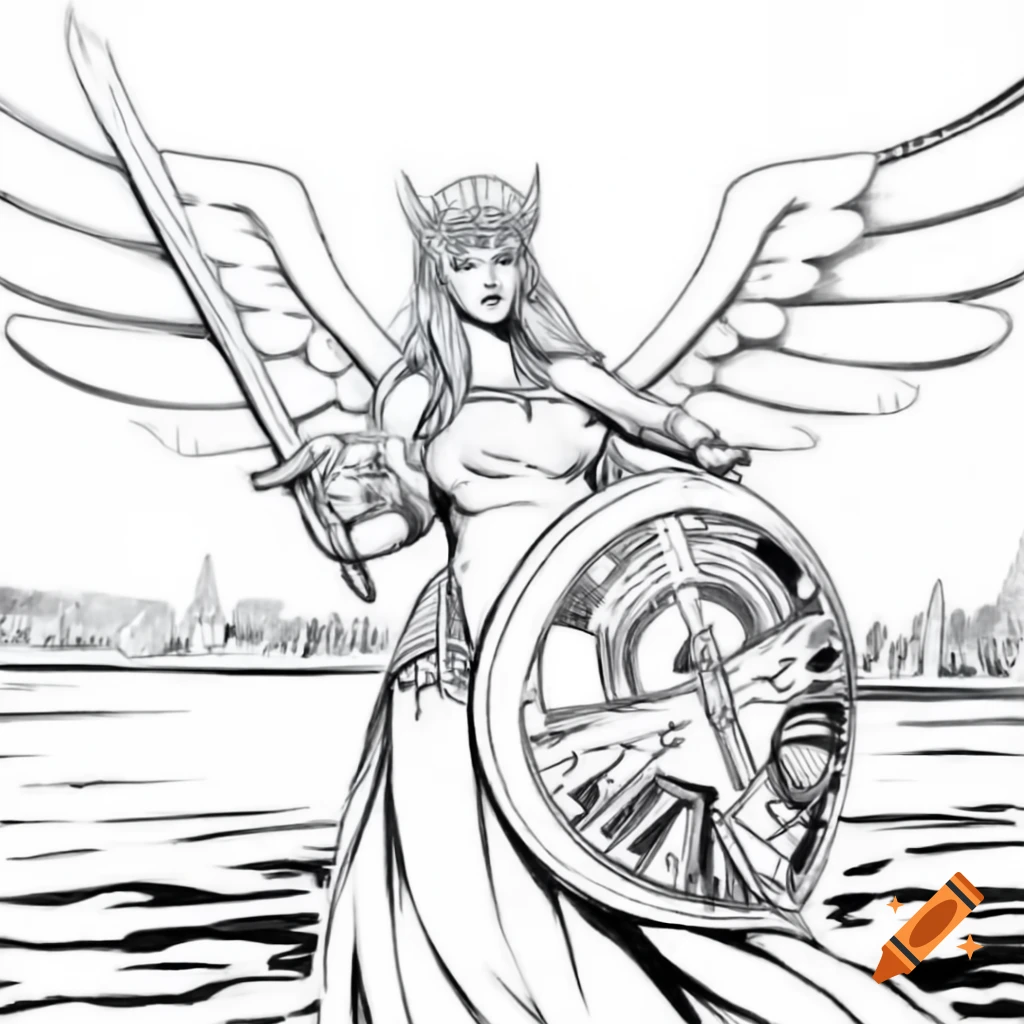 Black and white ink drawing of valkyrie with sword and shield by river ...