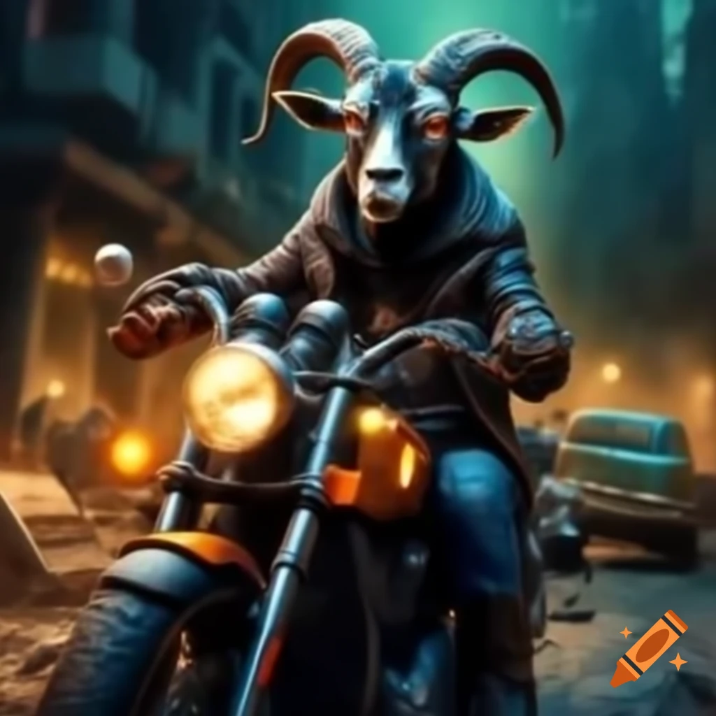 Cyborg goat riding motorcycle in zombie apocalypse city on Craiyon