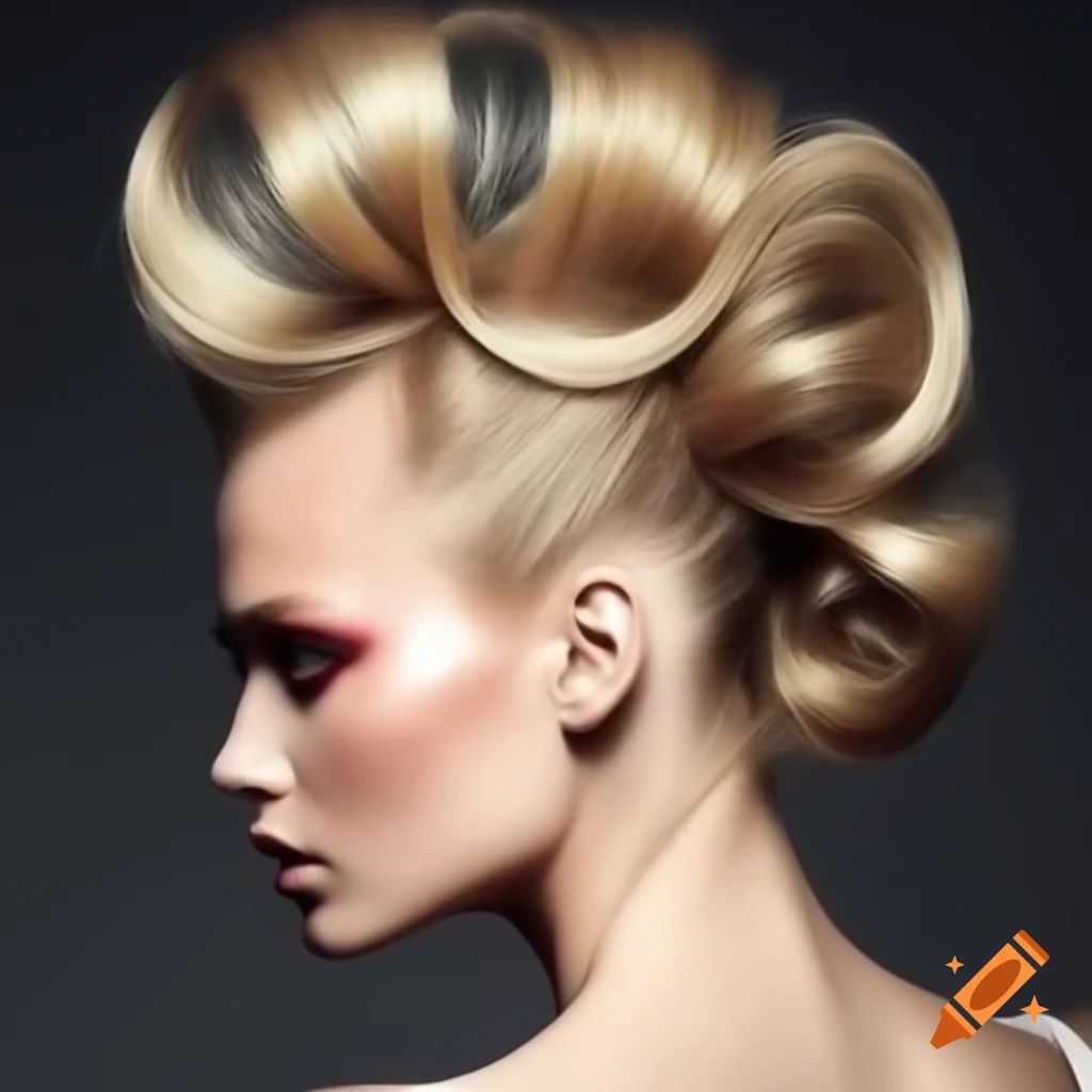 Blonde supermodel with elaborate updo and magic ribbons looking to the ...