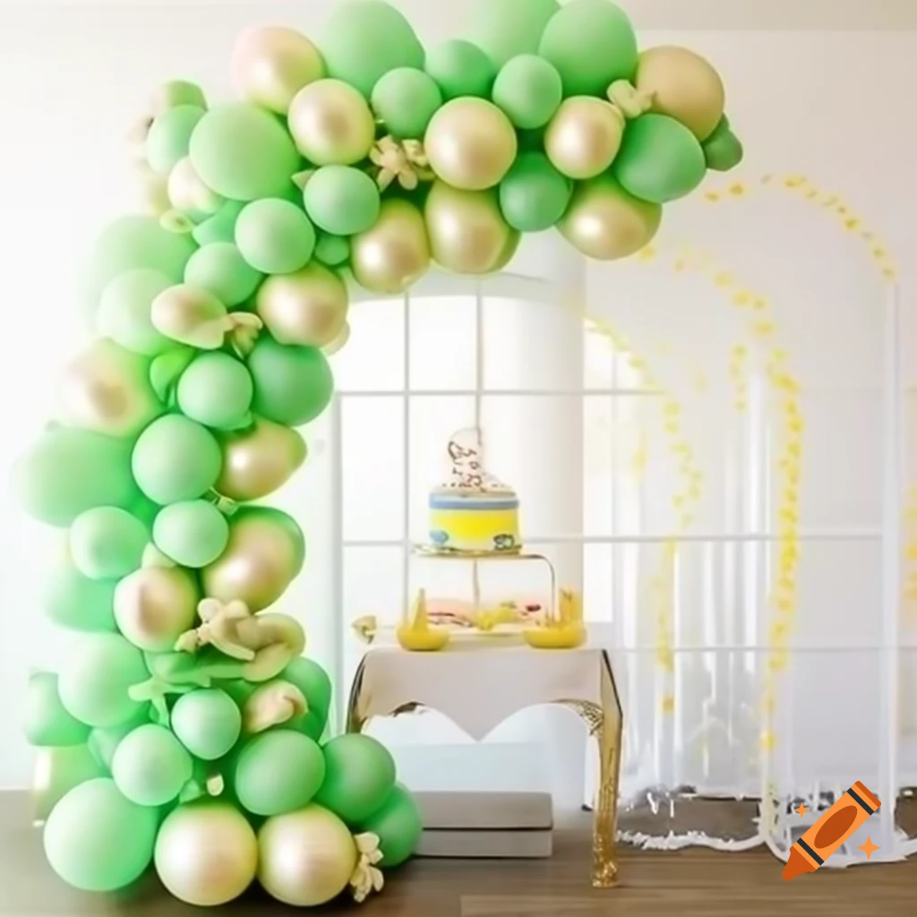 Decorative birthday setup with green pastel balloon arch, golden ...