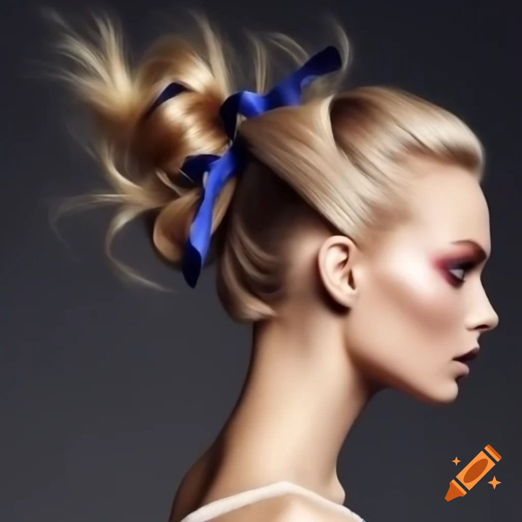 Blonde supermodel with magic hair updo and colorful ribbons on Craiyon