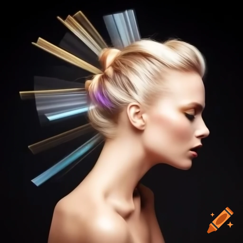 Blonde supermodel with magic hair updo and ribbons smiling to the side ...