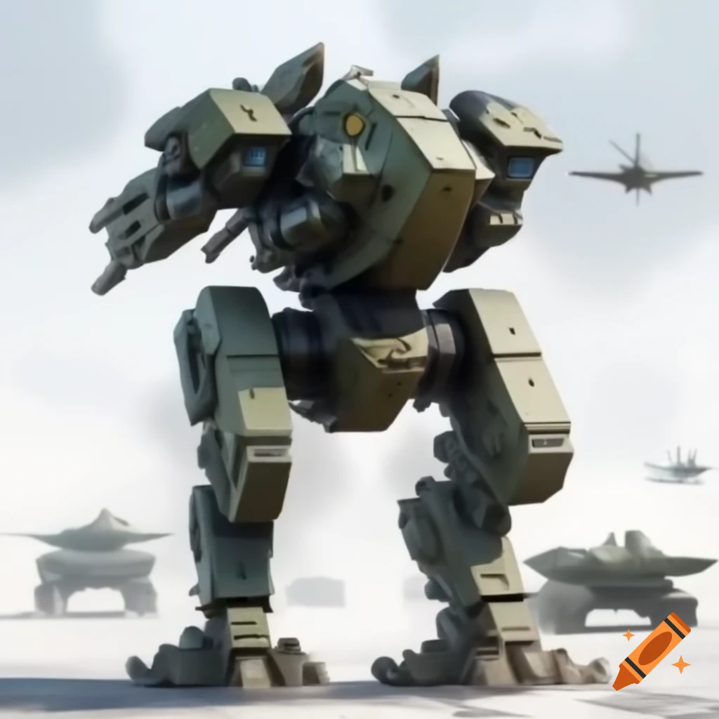 Heavily armored battle mech with angular design and weapon pods on Craiyon