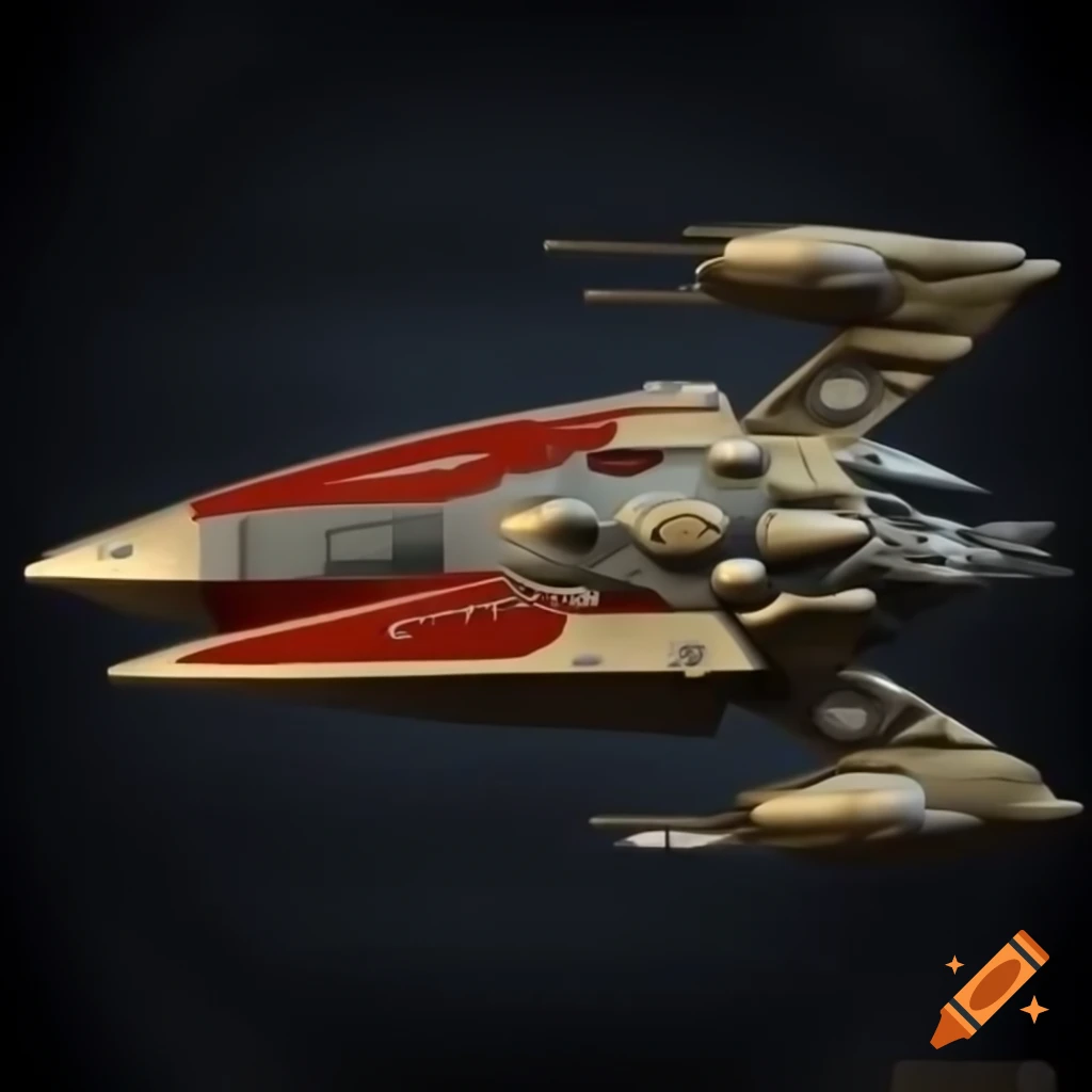 Voxel-style sci-fi spaceship with asymmetrical silhouette and brass ...