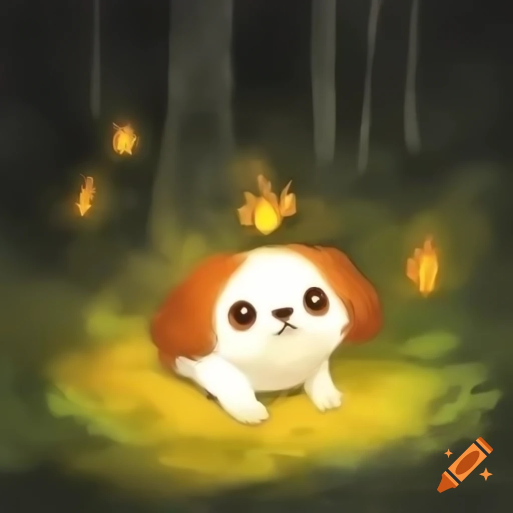 Fluffy dog with soulful eyes at edge of glowing forest with fireflies ...