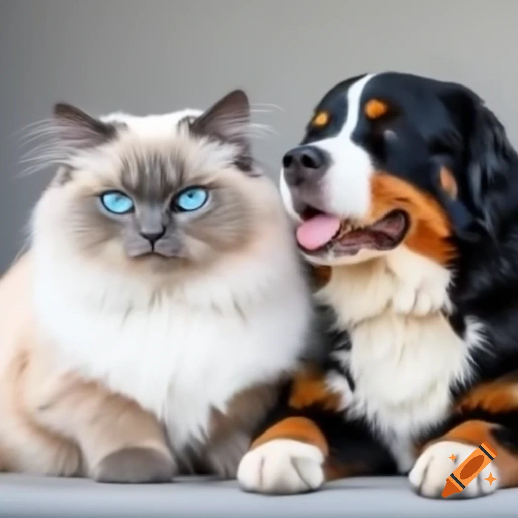Fluffy ragdoll cat and Bernese mountain dog playing together on Craiyon
