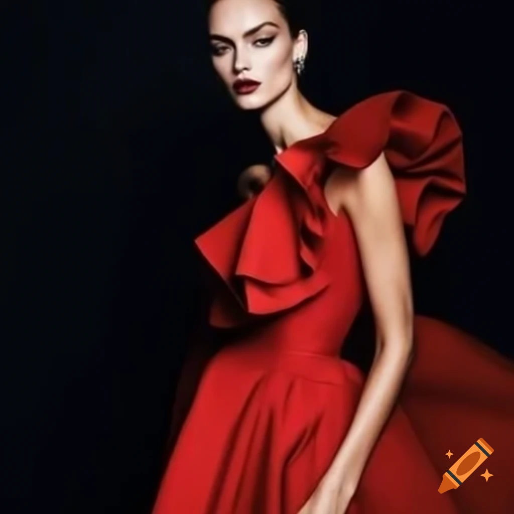 Supermodel wearing elegant red evening dress with high contrast ...