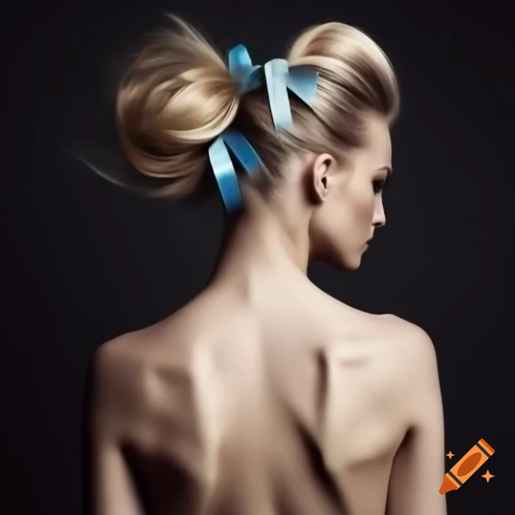 Blonde supermodel with magic hair updo and colorful ribbons on Craiyon
