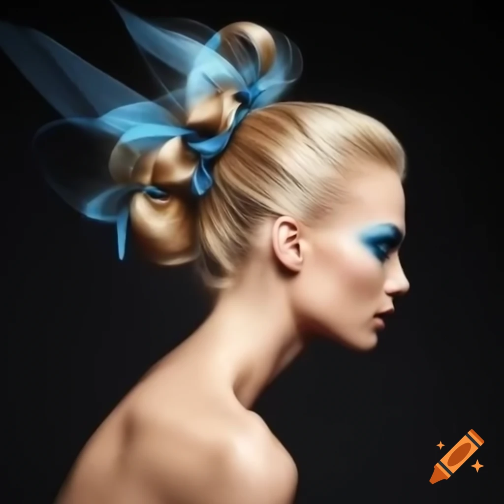 Blonde supermodel with magical hair updo and colorful ribbons on Craiyon
