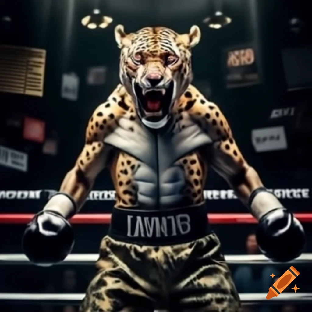 Aggressive leopard in boxing ring wearing gloves and shorts, crowd ...