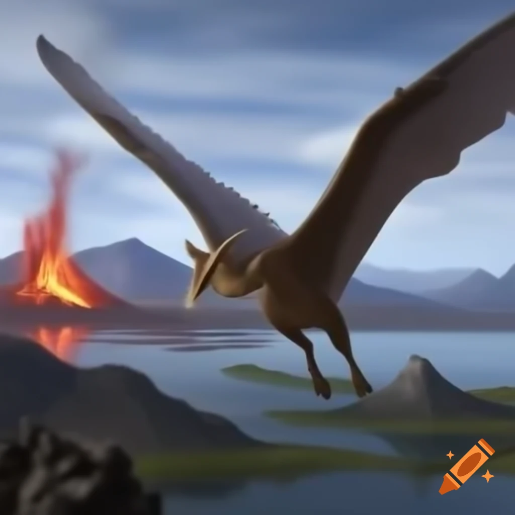 Elephant with large ears flying over a lake near a volcano on Craiyon