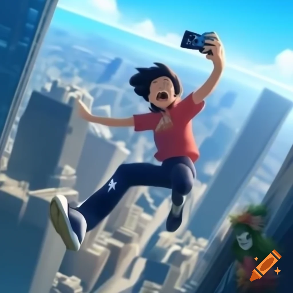 Diver jumping from skyscraper with GoPro POV under fisheye lens on Craiyon