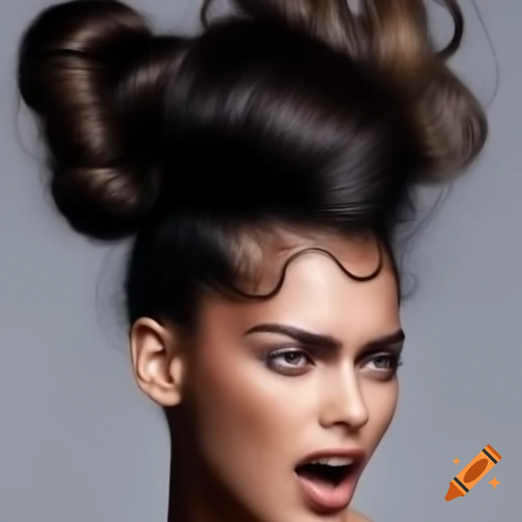Supermodel with elaborate hair updo looking to the side, colorful on ...