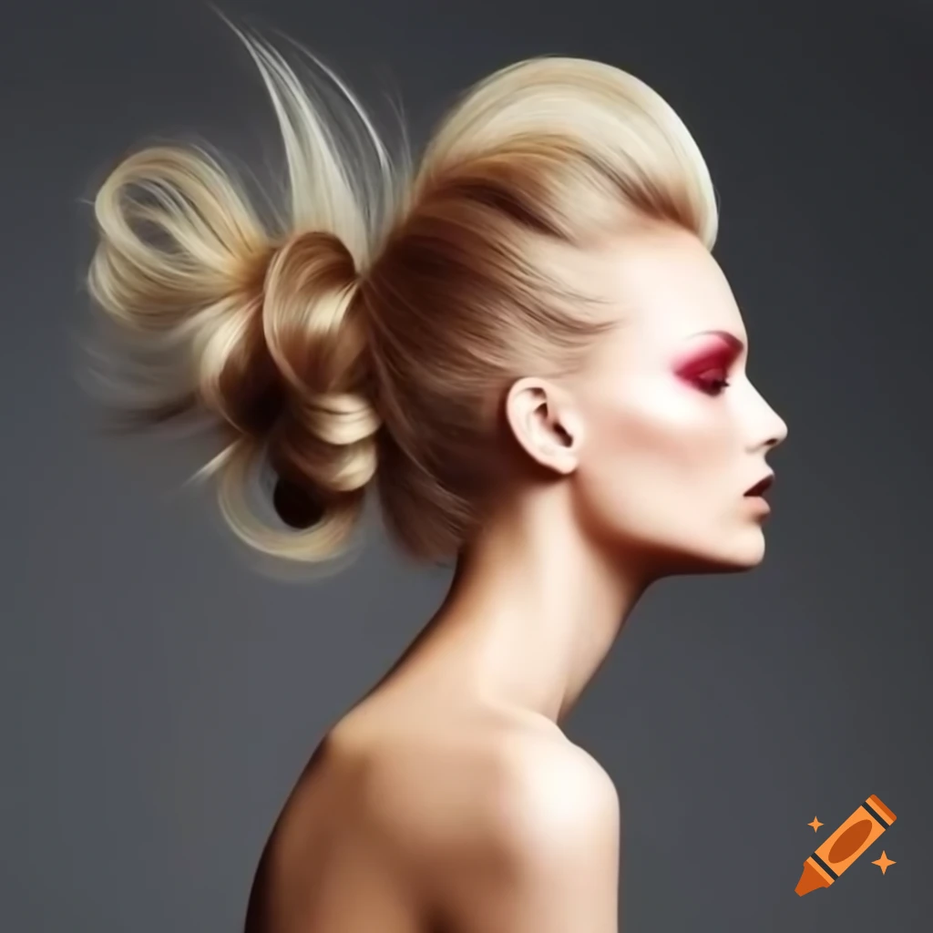 Blonde supermodel with elaborate updo and magic ribbons looking to the ...