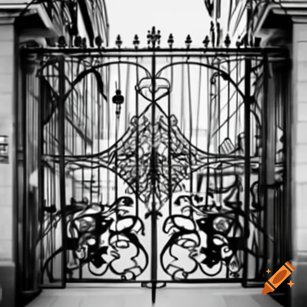 Black and white crosshatched engraving of an iron gate on Craiyon