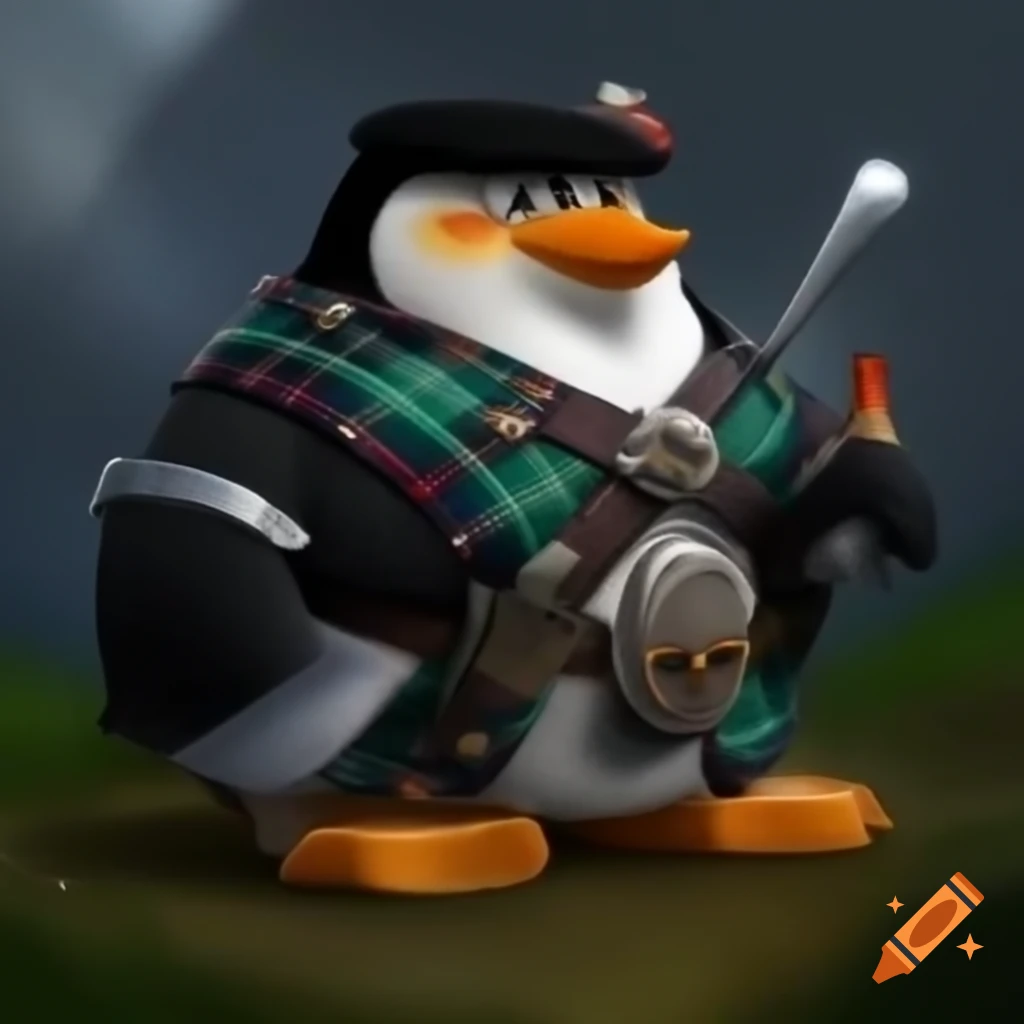Scottish penguin in tartan kilt holding sword from Berserk on Craiyon