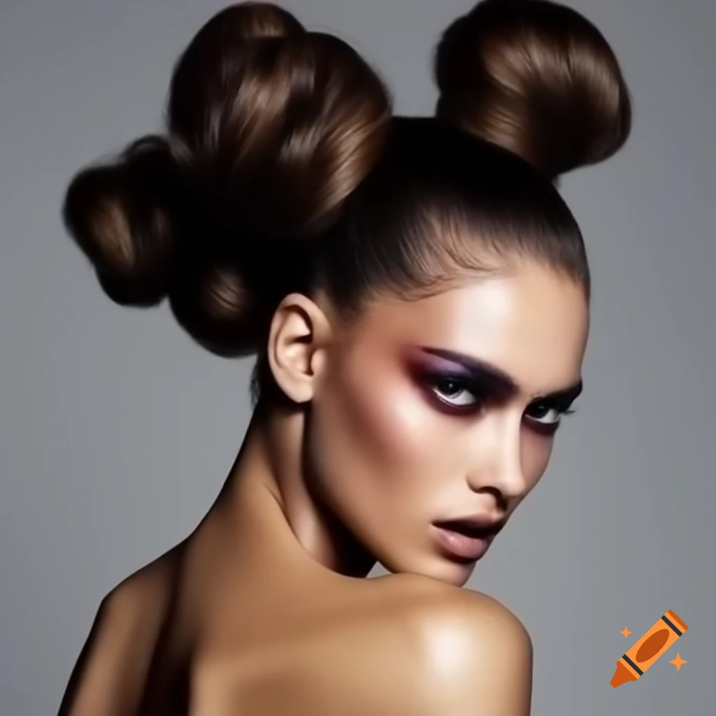 Supermodel with elaborate hair updo looking to the side, colorful on ...