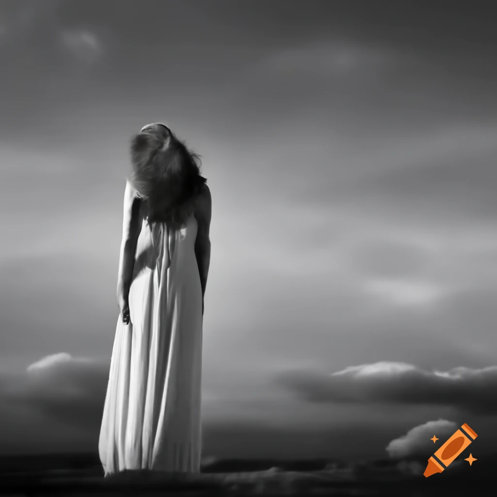 Sad Greek goddess Demeter with barren crop and gray cloudy sky on Craiyon