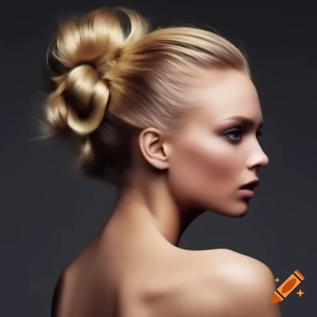 Blonde supermodel with elaborate hair updo looking to the side on Craiyon