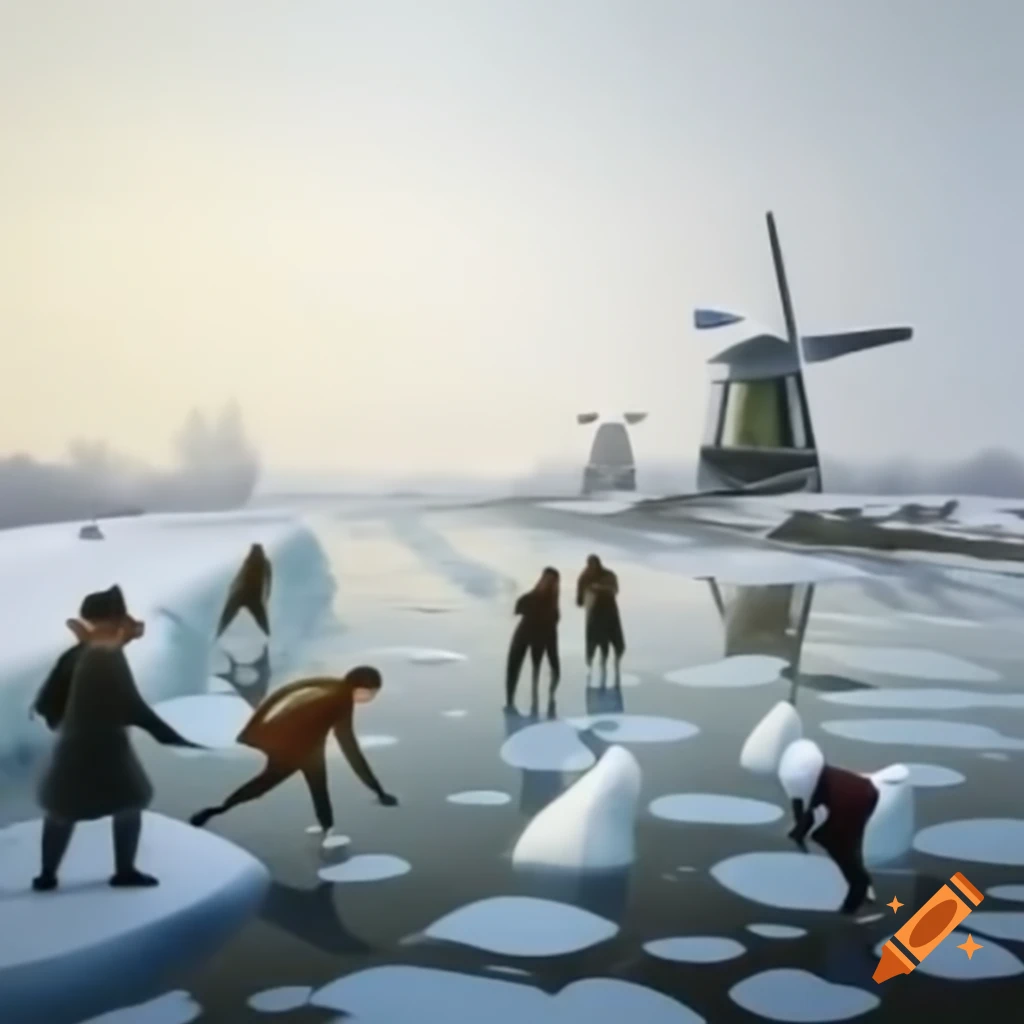 Winter scene with speed skaters on Dutch canal and windmill on Craiyon