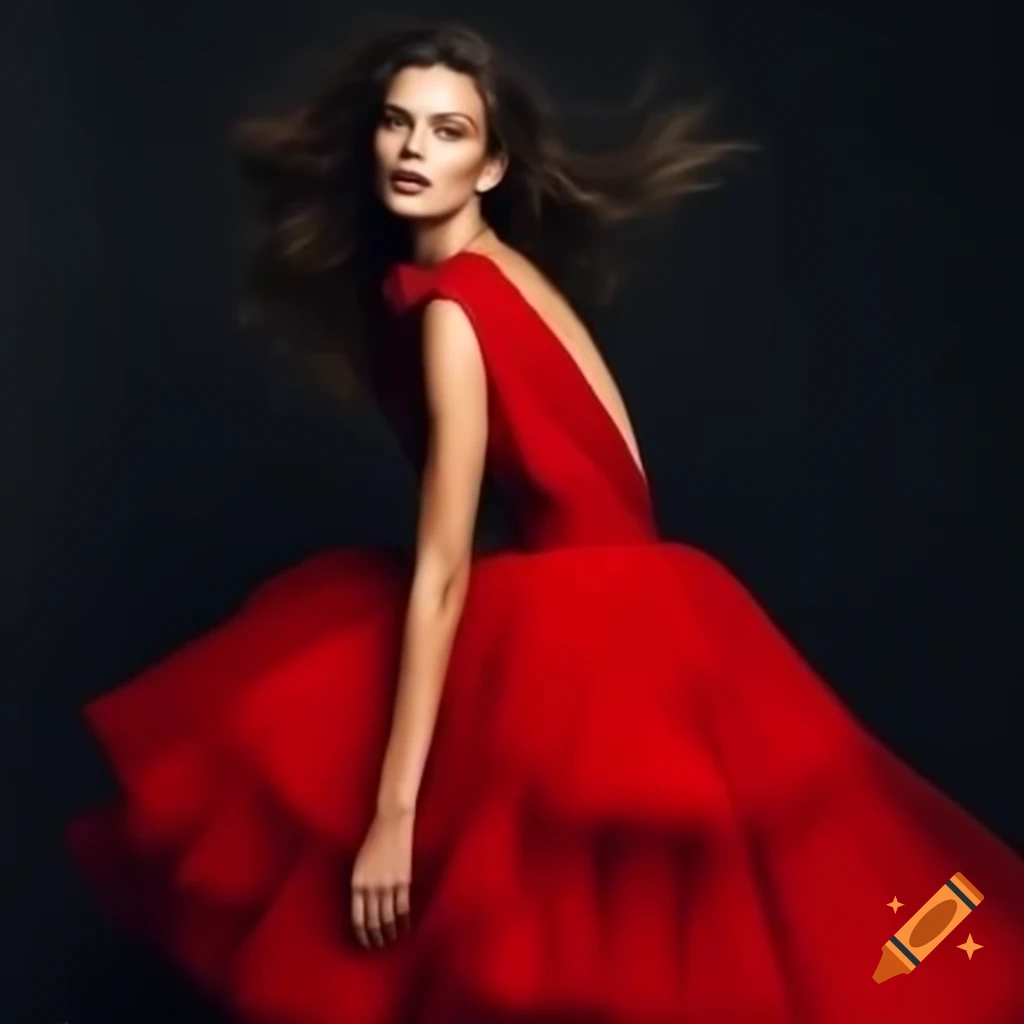 Supermodel wearing elegant red evening dress with high contrast ...