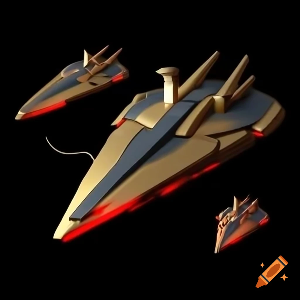 Voxel-style sci-fi spaceship with asymmetrical design and brass-metal ...