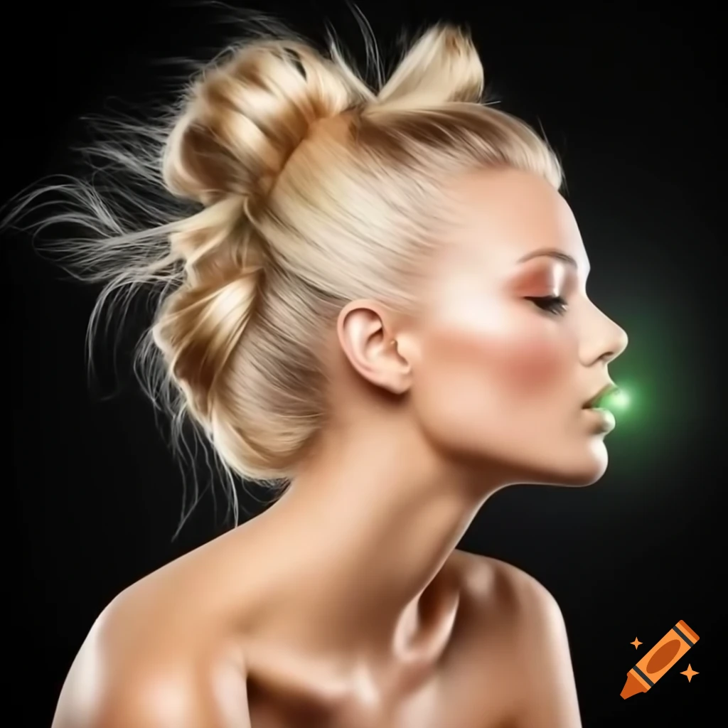 Blonde supermodel with magical hair updo and colorful ribbons smiling ...