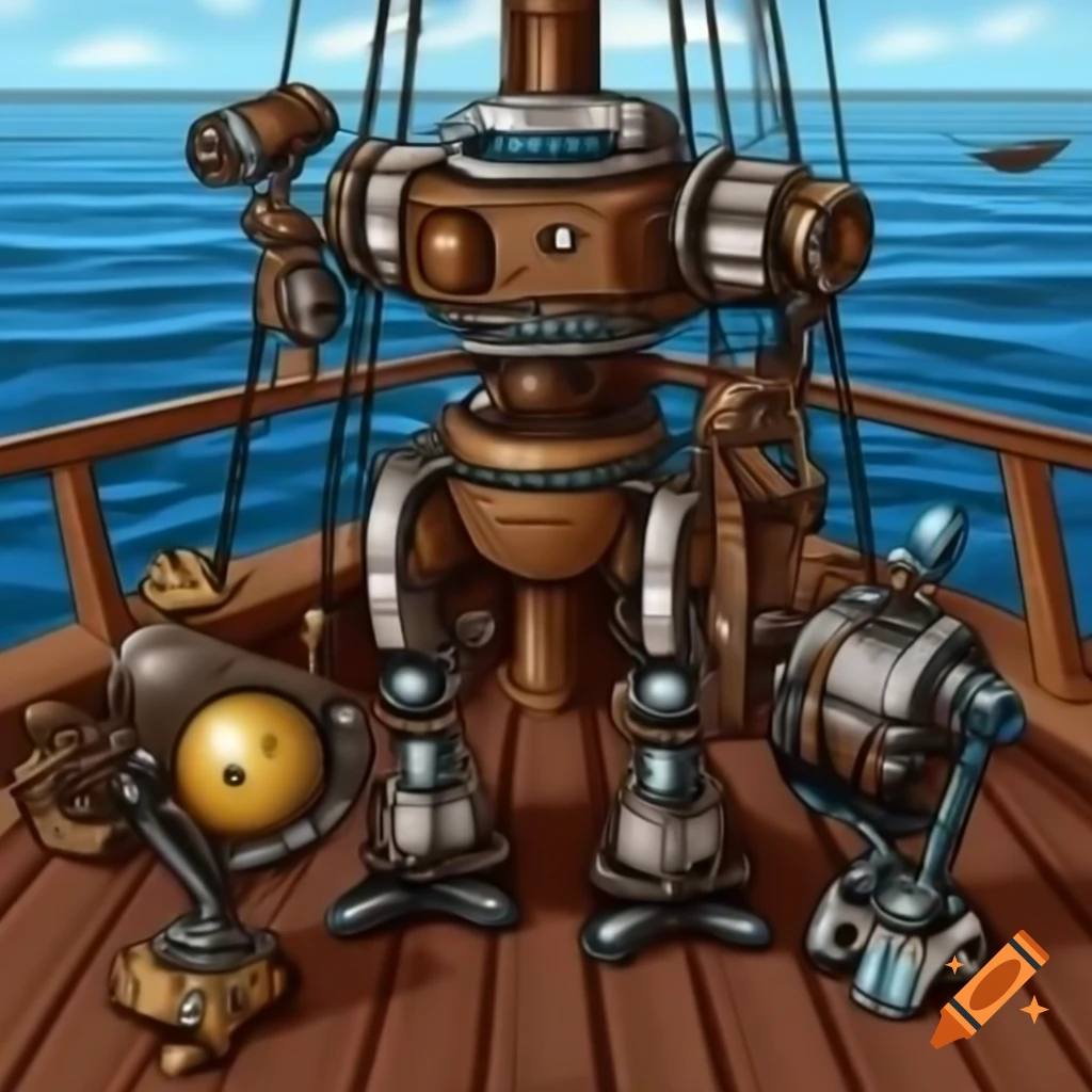 Three steampunk robots on wooden ship deck with metal and wood design ...